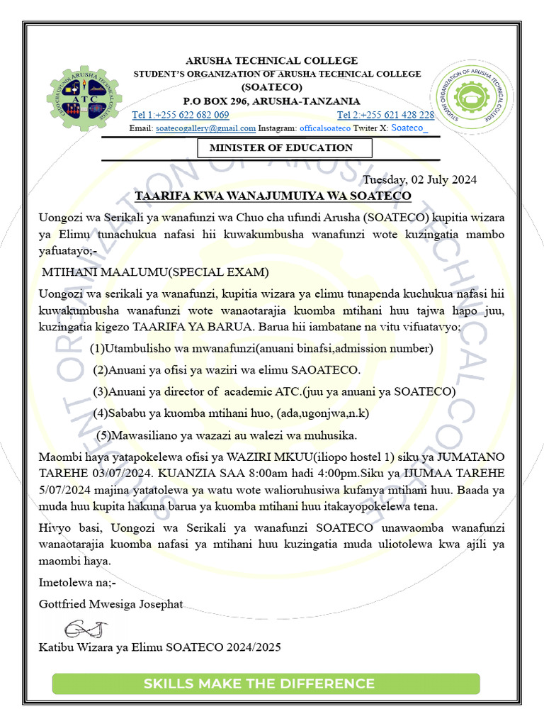 Taarifa Kwa Wanafunzi Wote 01 | PDF