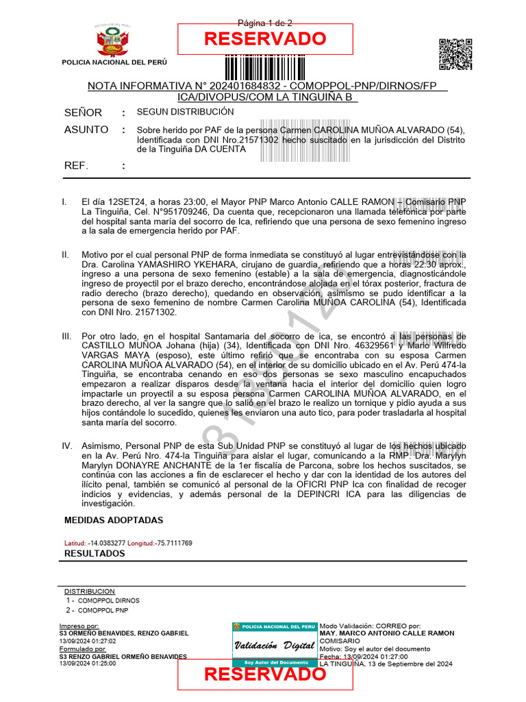 Nota Informativa #202401684832 - Comoppol-Pnp - Dirnos - FP Ica - Divopus - Com La Tinguiña B | PDF