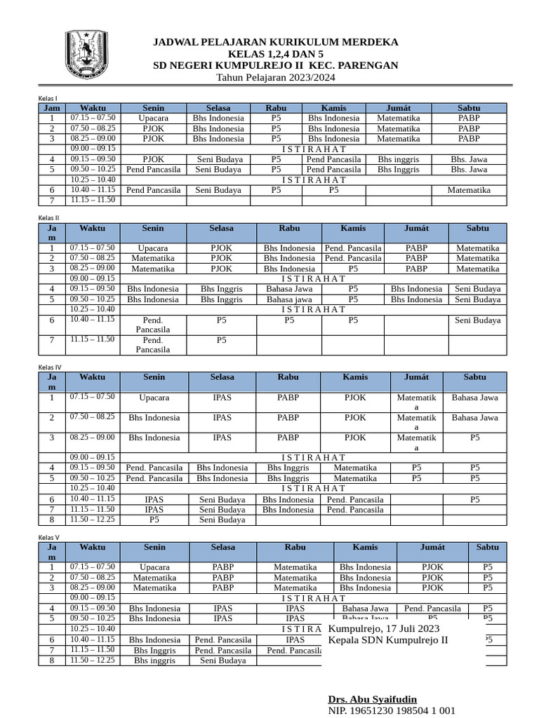 Jadwal Pelajaran (Lampiran) | PDF