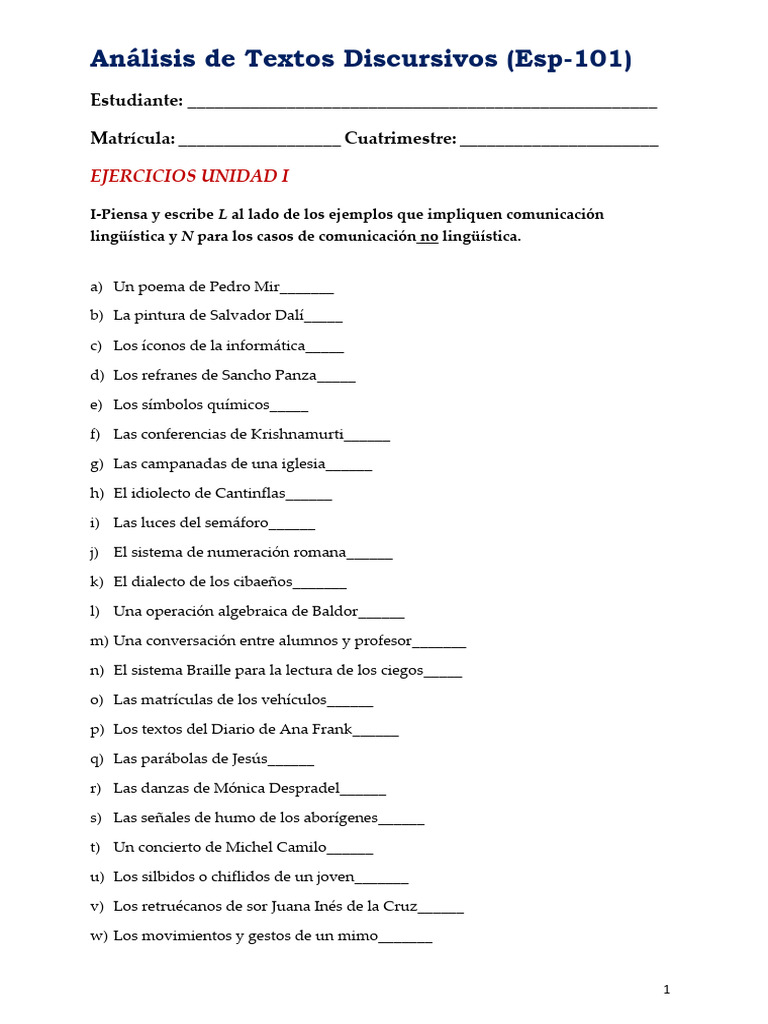 Ejercicios Español 101 (actualizados 2024-3) | PDF