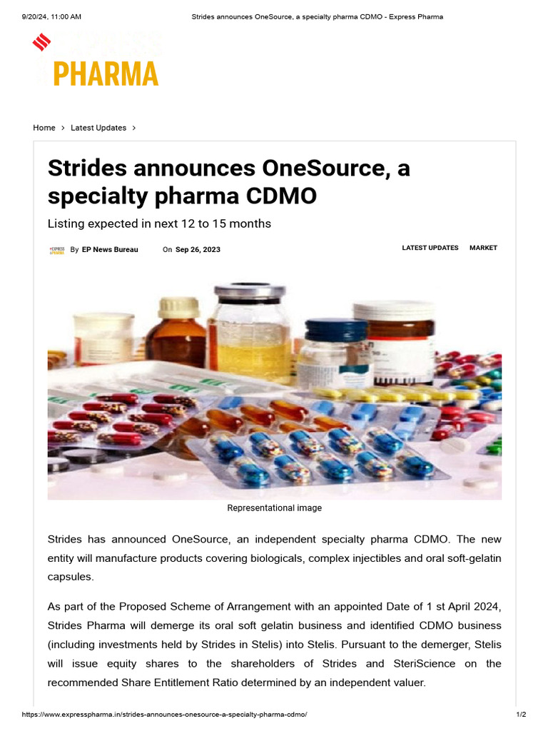 Strides Announces OneSource, A Specialty Pharma CDMO - Express Pharma | PDF
