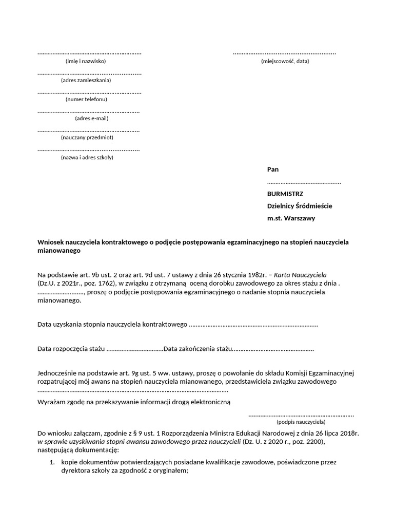 Wniosek Nauczyciela Kontraktowego o Podjecie Postepowania Egzaminacyjnego Na Stopien Nauczyciela ...