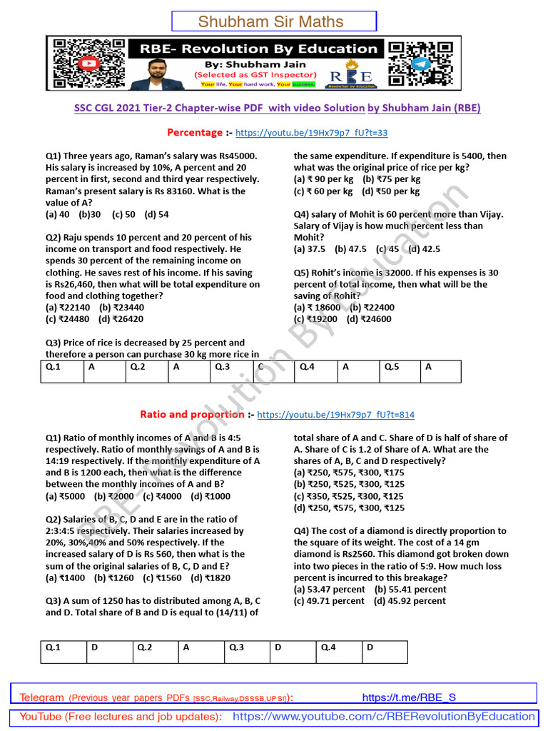 Maths SSC CGL 2021 Tier 2 Chapterwise With Video Solution RBE RBE | PDF