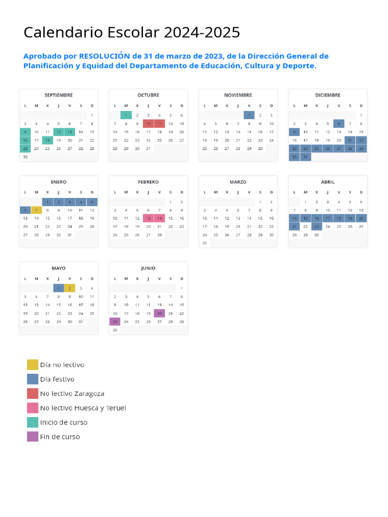 Calendario Escolar 2024-2025 - Educaragon | PDF