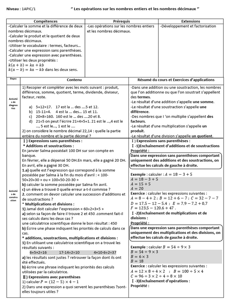 Operations Sur Les Decimaux Fiches Pedagogiques Maths 1AC PDF - # - 2 | PDF