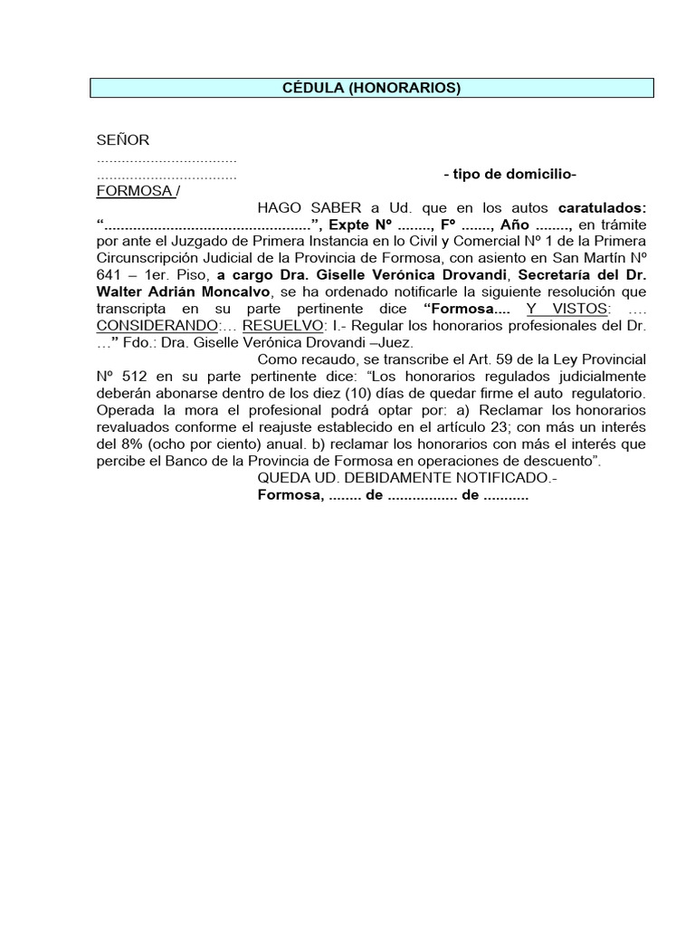 Cedula Notif Honorarios | PDF