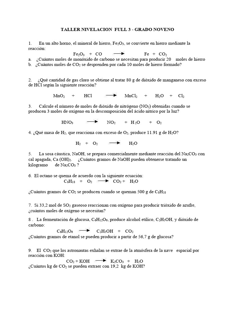 Quimica 9 Taller De Nivelacion Pdf