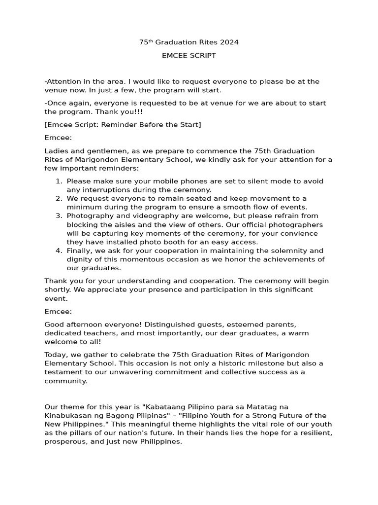 75th Graduation Rites 2024 Emcee Script | PDF