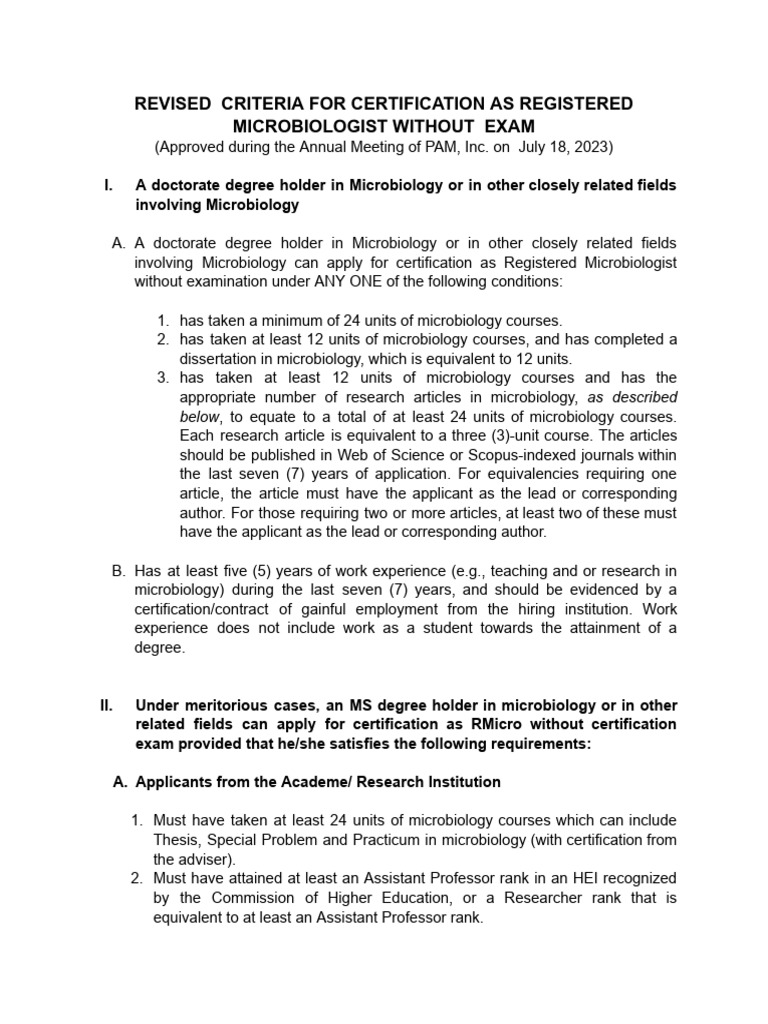 Revised Criteria For Certification As Registered Microbiologist Without Exam | PDF | Academic ...