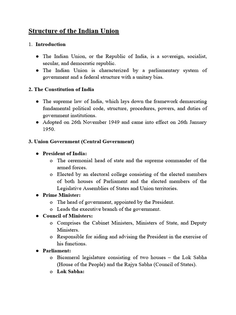 Structure of the Indian Union.docx | PDF