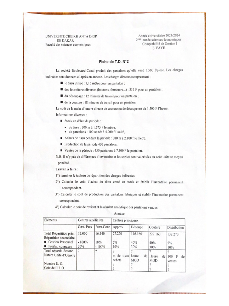 Comptabilité de Gestion-TD2-2324 | PDF