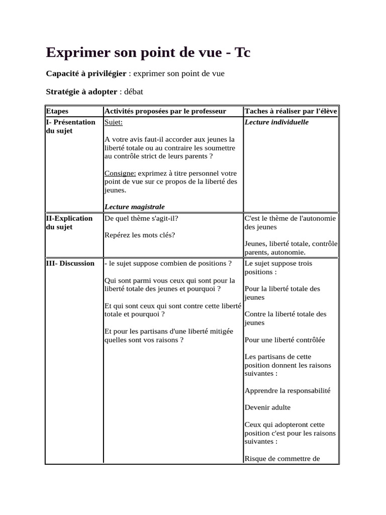 Exprimer son point de vue tc | PDF