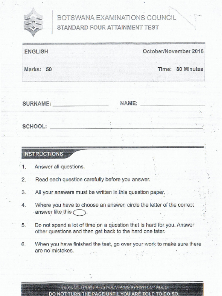 Bec STD 4 Attainment Test - English 2016 | PDF