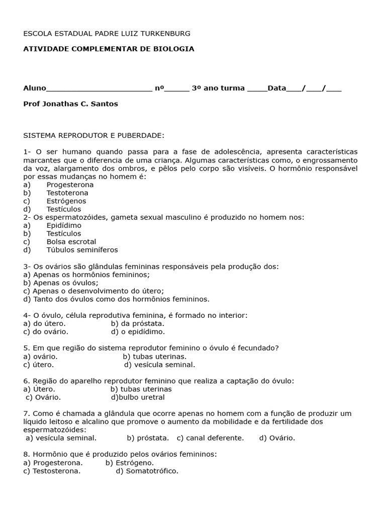 Atividade Complementar Biologia 3º Ano | PDF