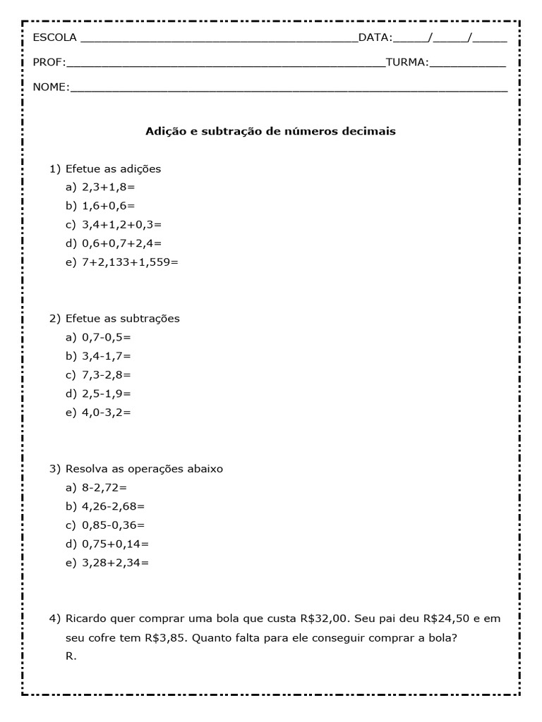 Adiçao e Subtraçao de Numeros Decimais 4 Ano Modelo Editavel | PDF