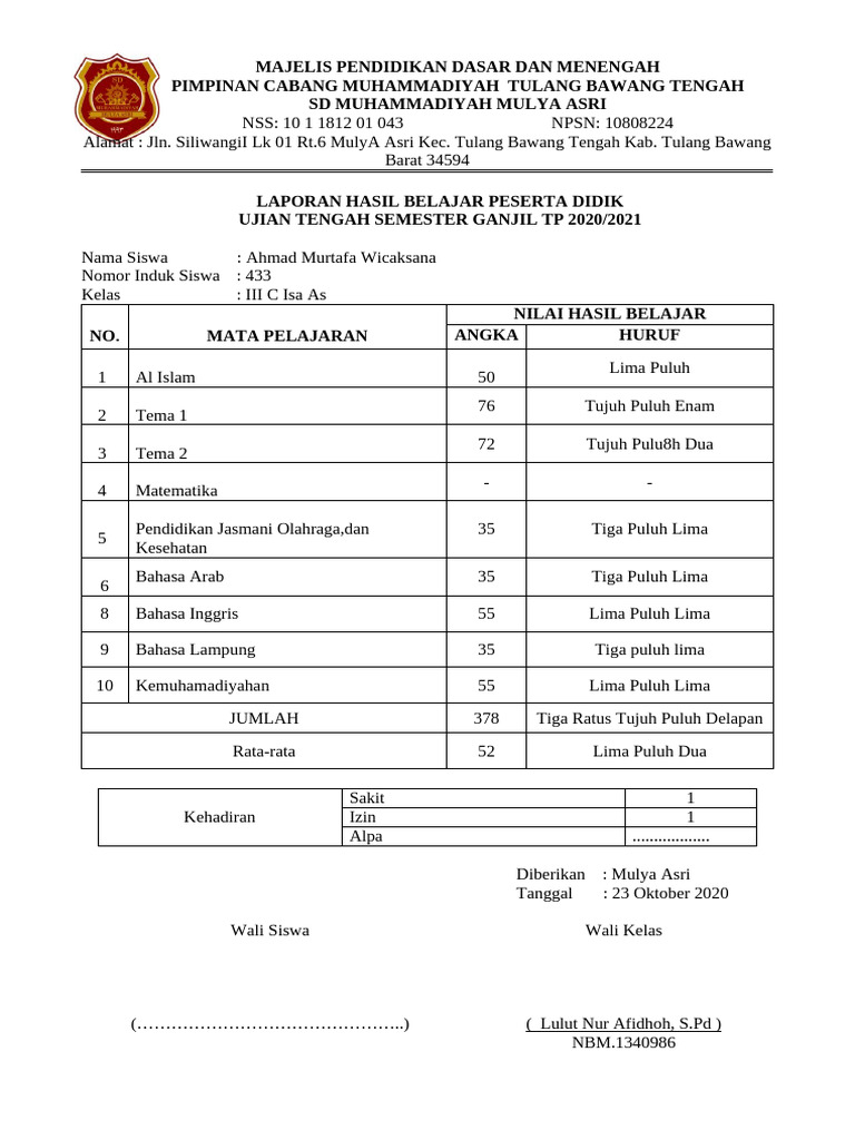 Raport Uts Semester Ganjil 2020 Asli Kelas 3 | PDF