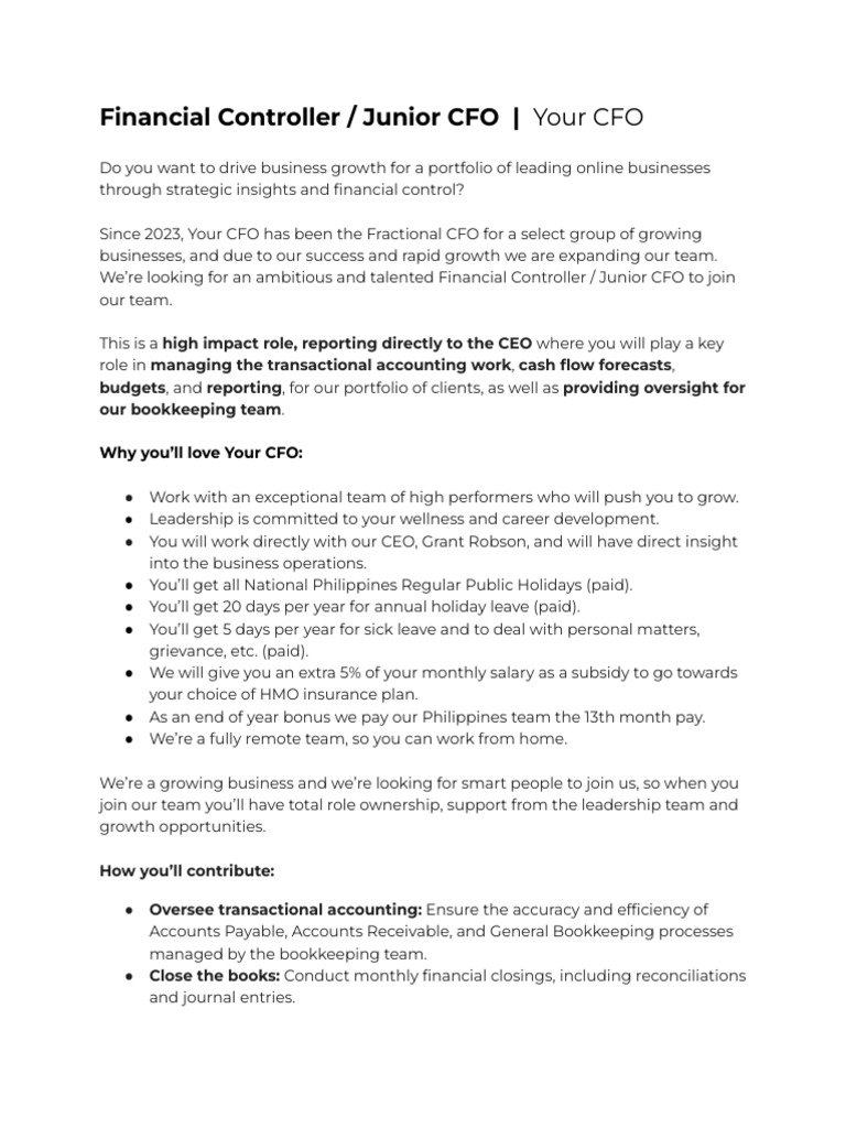 Financial Controller - Junior CFO - Your CFO | PDF