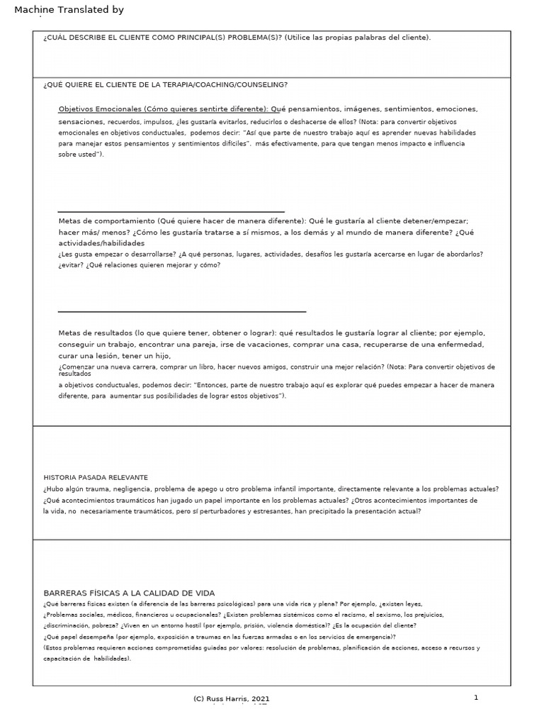 Formulación Caso Act Russ Harris | PDF | Trauma psicólogico | Las emociones