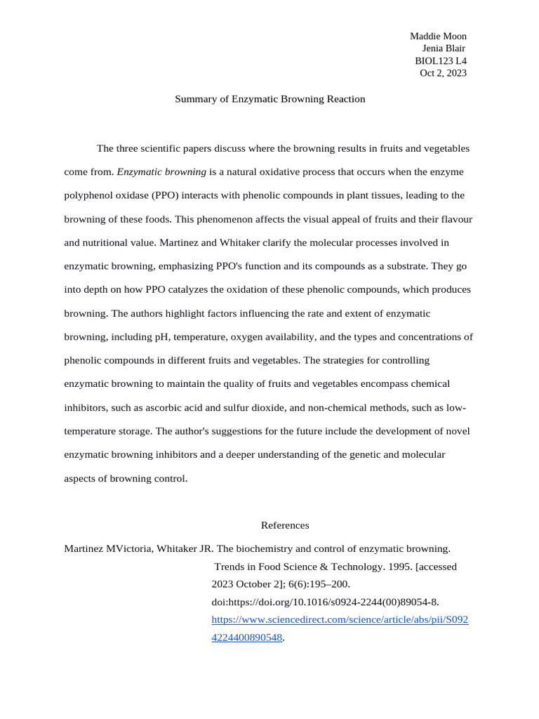BIOL123 Maddie Moon Summary of Enzymatic Browning Reaction | PDF ...