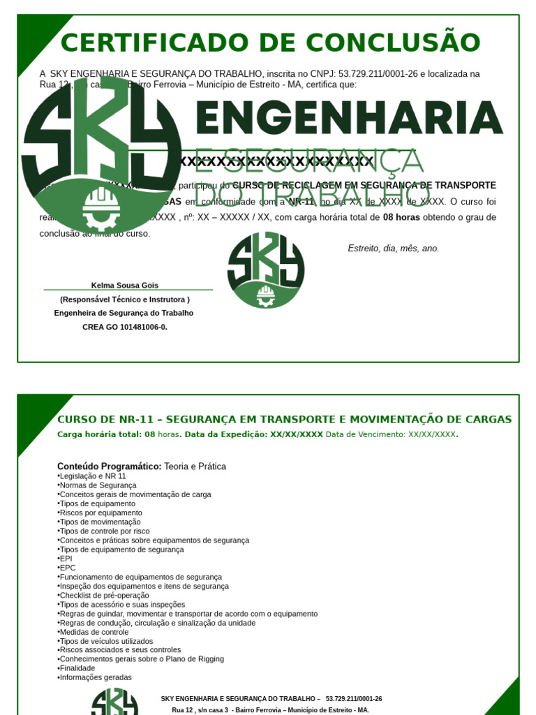 Modelo de Certificado Do Curso de NR 11 | PDF
