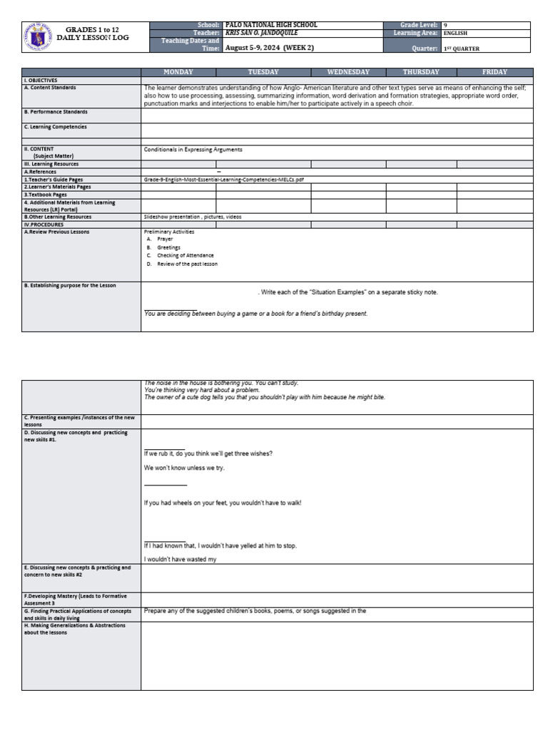 DLL English-9 Q1 W2 | PDF
