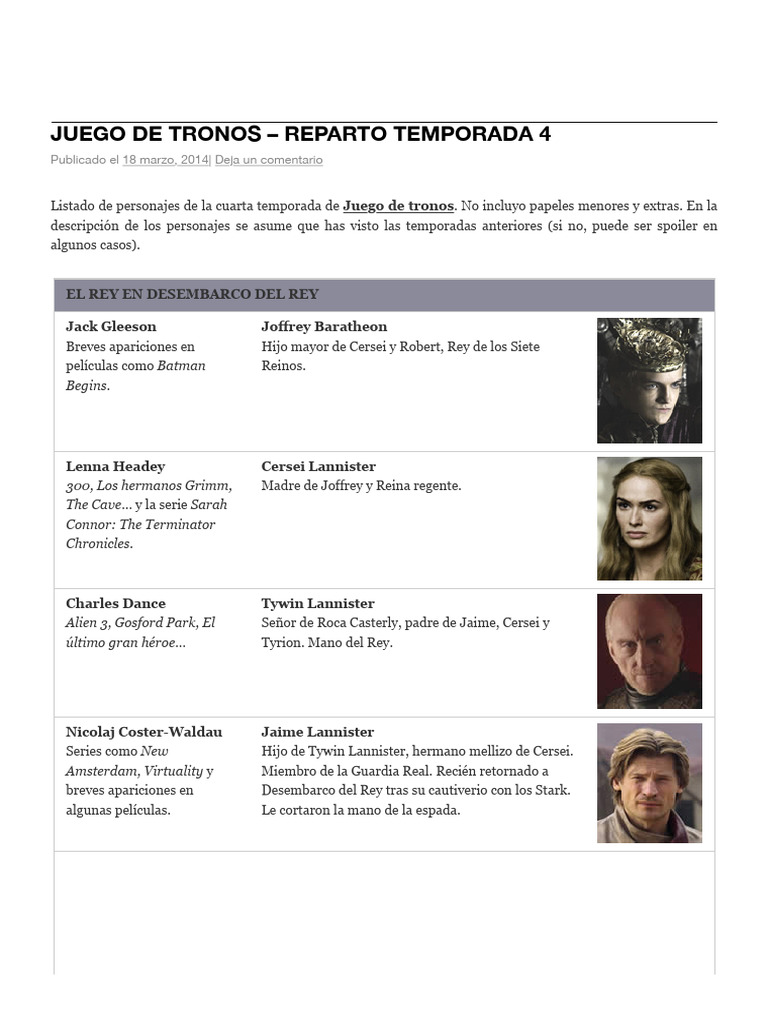 JUEGO DE TRONOS - REPARTO TEMPORADA 4 - Tragando Series | PDF