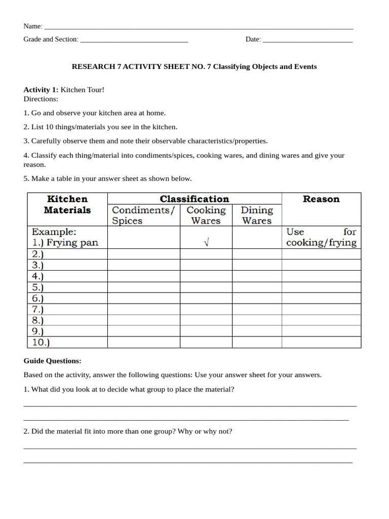Research 7 Activity Sheet No. 7 Classifying | PDF