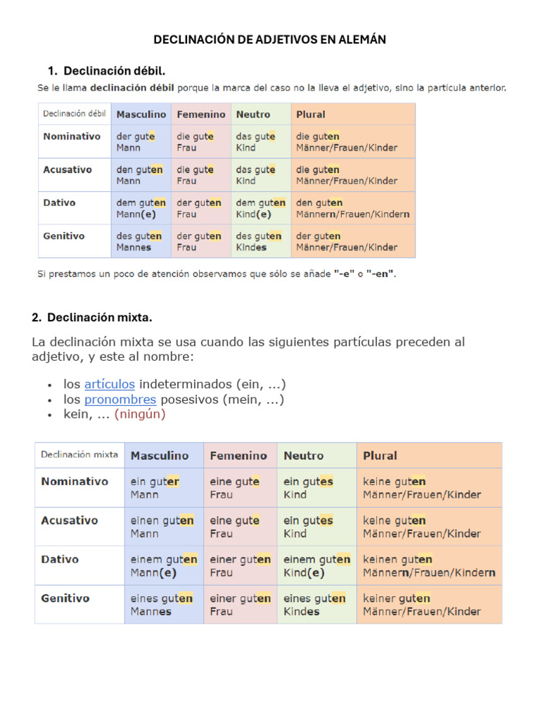 Declinaciónes de Adjetivos - Síntesis | PDF
