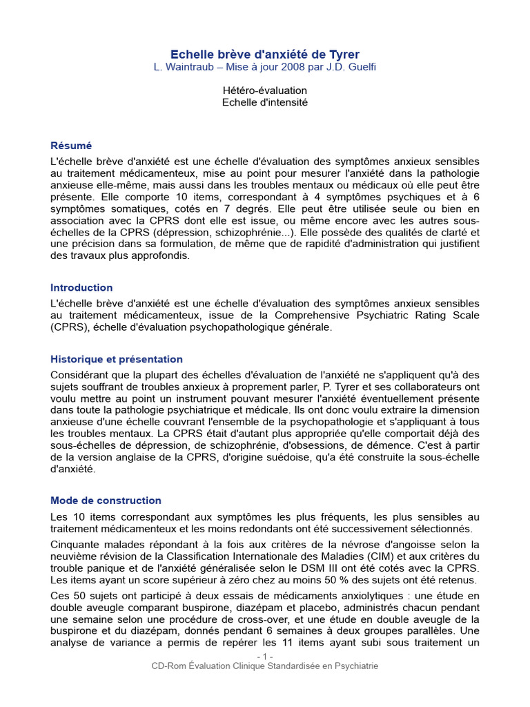 Echelle Brève D - Anxiété de Tyrer | PDF