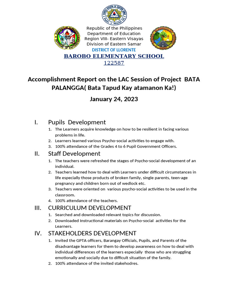 Accomplishment Report On The LAC Session of Project Bata Palangga Ka | PDF