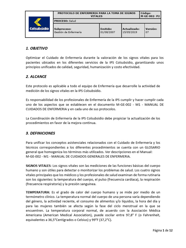 M-Ge-002 - P2 - Protocolo de Enfermeria - Toma de Signos Vitales | PDF
