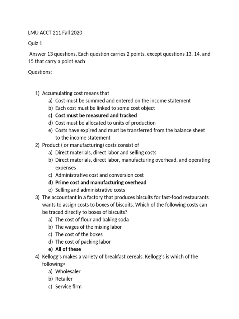 FALL 2020 ACCT 211 Quiz 1 | PDF