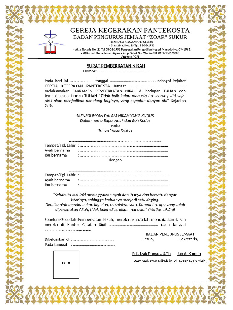 Surat Pemberkatan Nikah | PDF