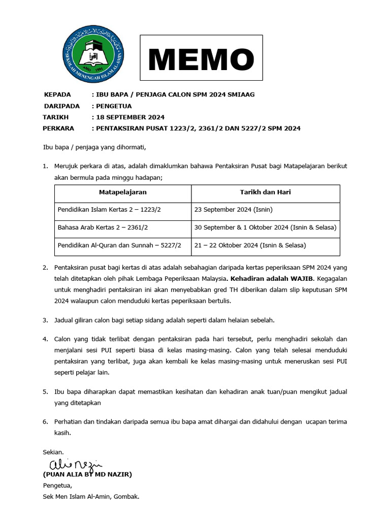 Memo Pentaksiran Pi, PQS, Ba SPM 2024 (Terkini-Ralat) | PDF