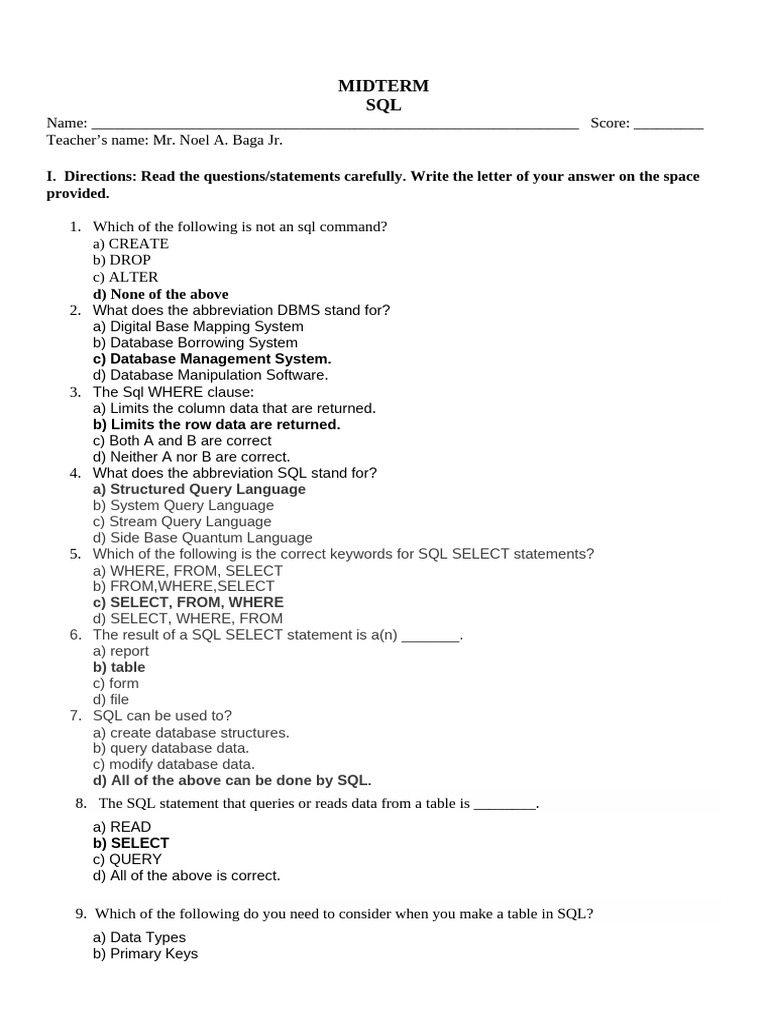 G12 Midterm Exam SQL | PDF