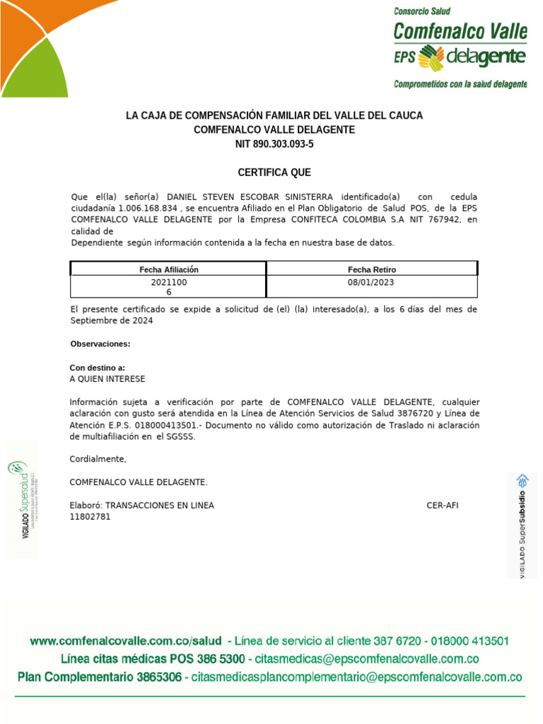 Certificado Comfenalco Valle | PDF