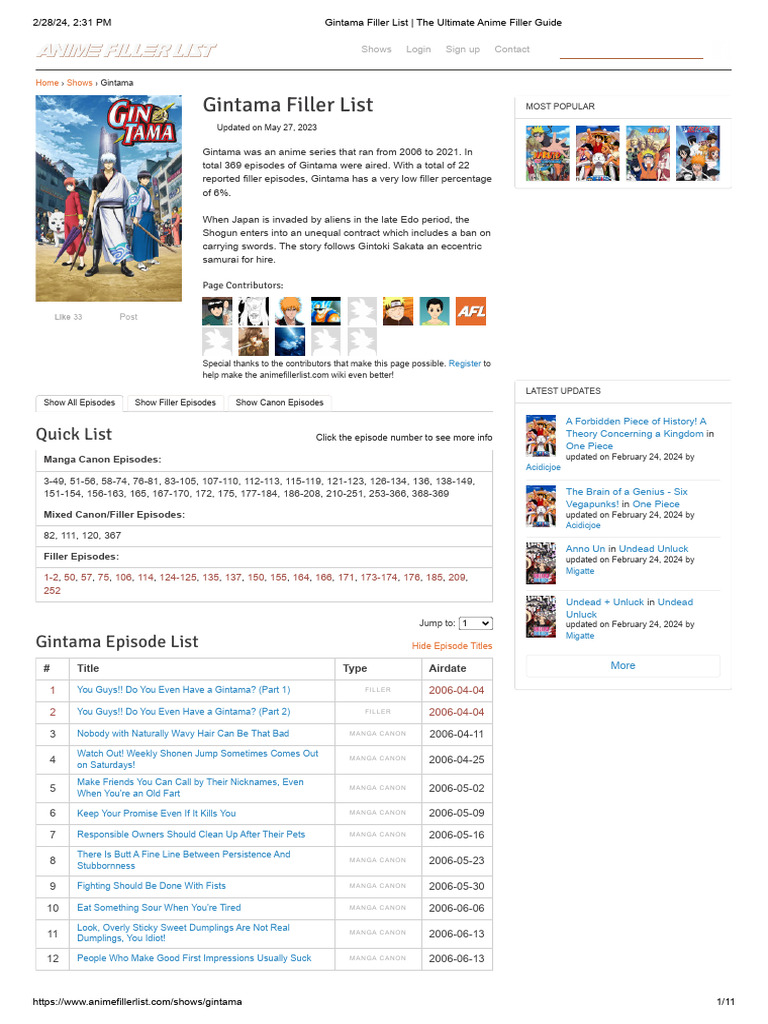 Gintama Filler List _ The Ultimate Anime Filler Guide | PDF