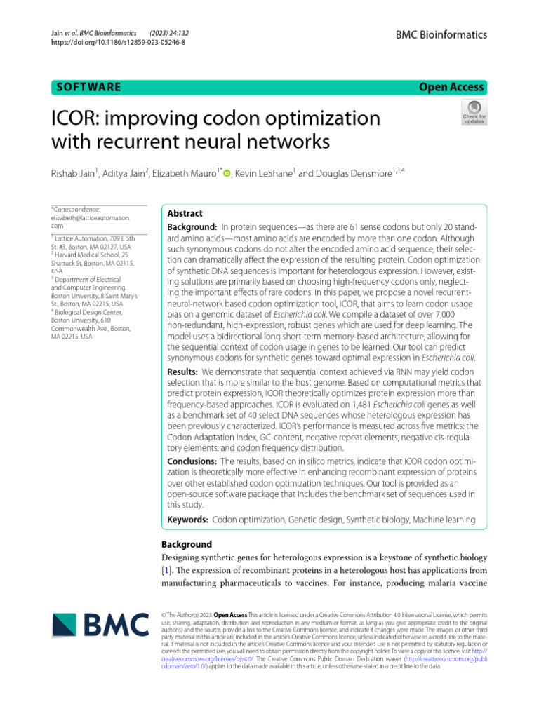 ICOR: Improving Codon Optimization With Recurrent Neural Networks | PDF