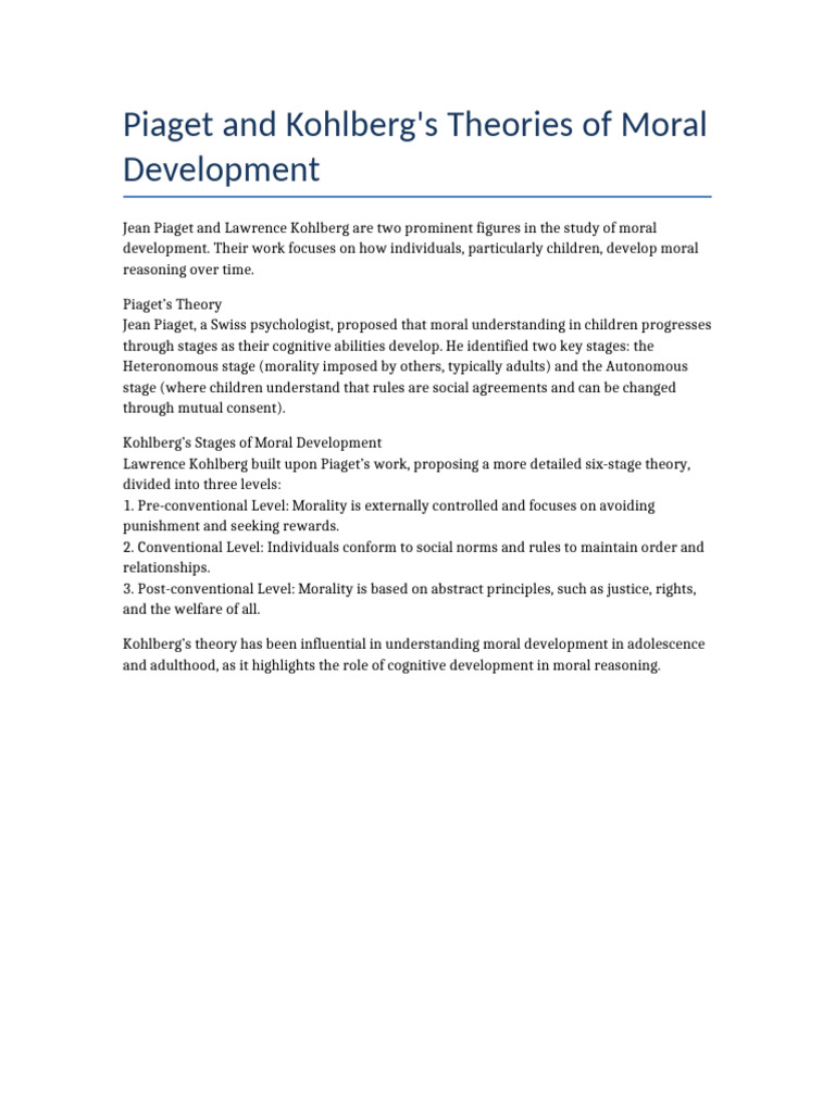 Piaget vs. Kohlberg: Moral Development | PDF