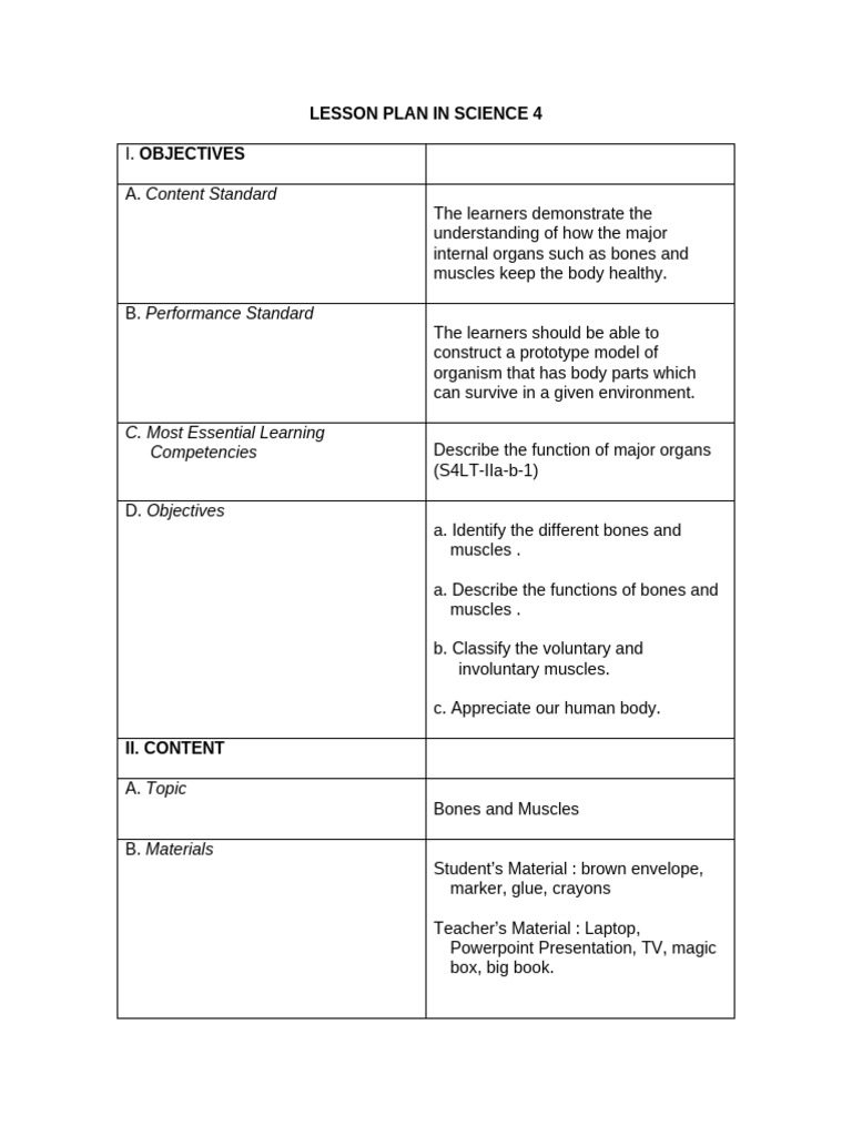 MJP Grade 4 Lesson Plan - Bones and Muscles | PDF