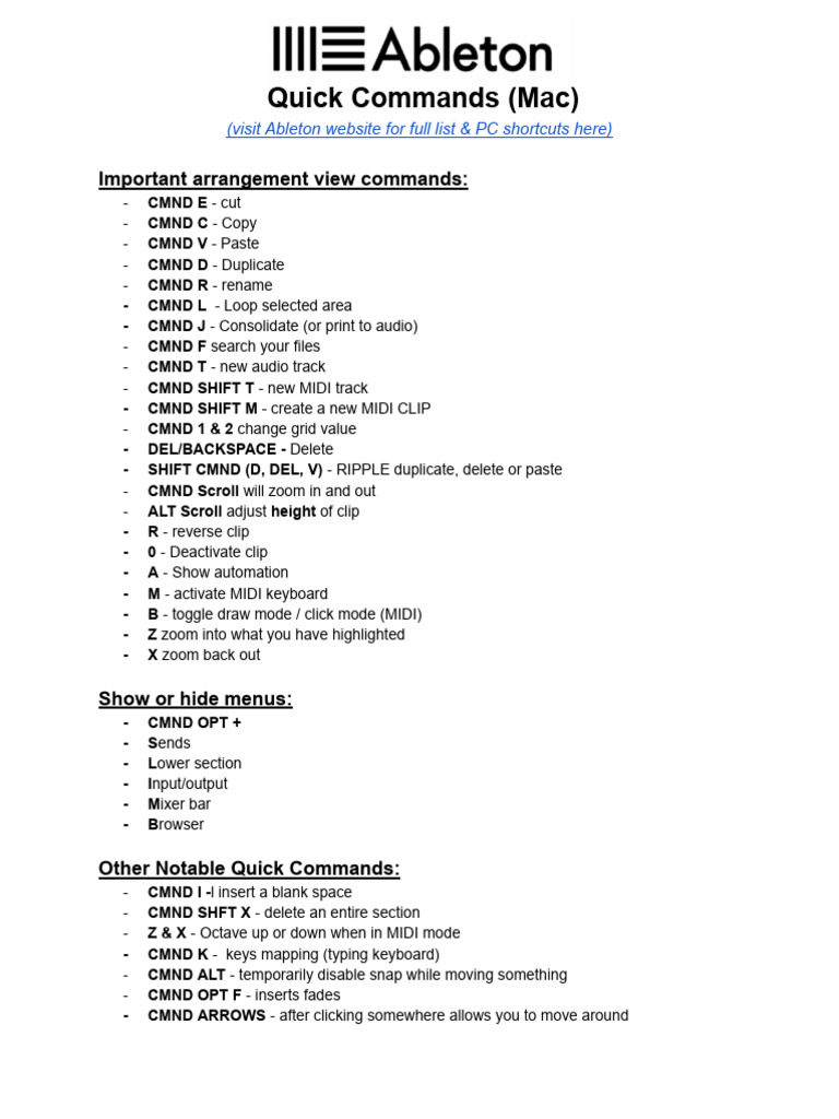 Ableton Quick Commands | PDF