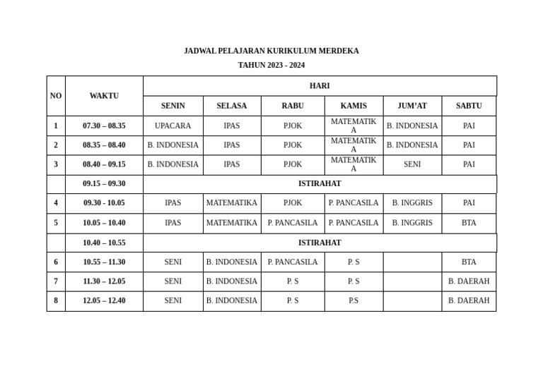 Jadwal Pelajaran Kurikulum Merdeka Kelas 4 | PDF
