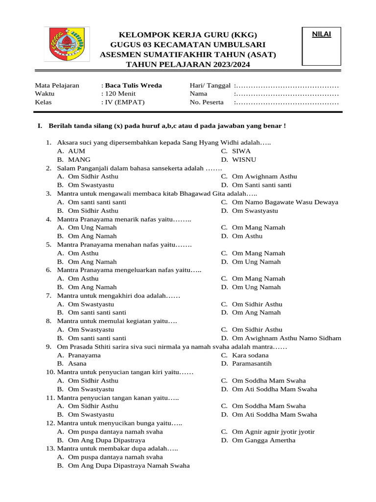 Soal BTW Sat Pah 2024 Kelas 4 | PDF