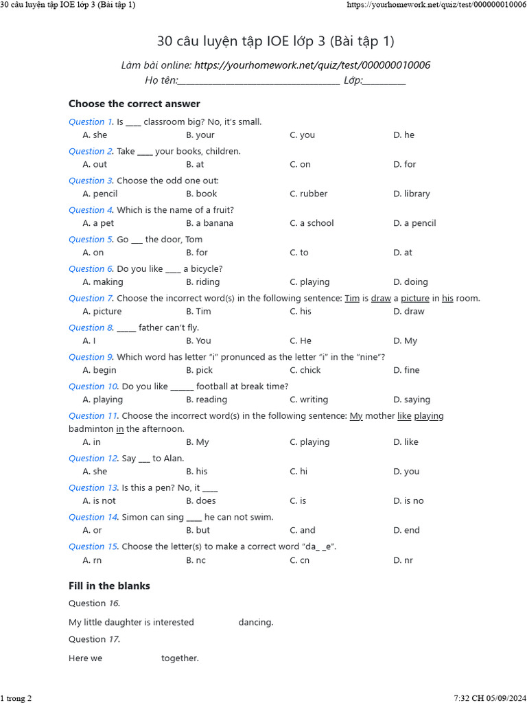 30 câu luyện tập IOE lớp 3 (Bài tập 1) | PDF