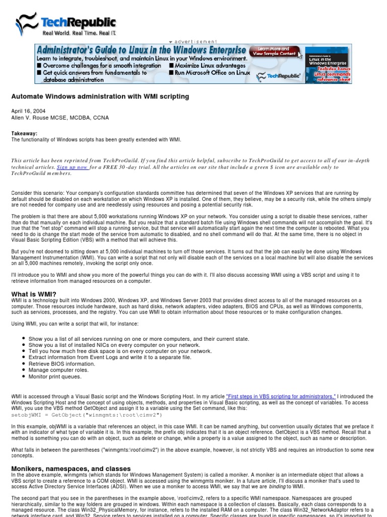 Automate Windows Administration With WMI Scripting | PDF | Microsoft Windows | Windows Registry