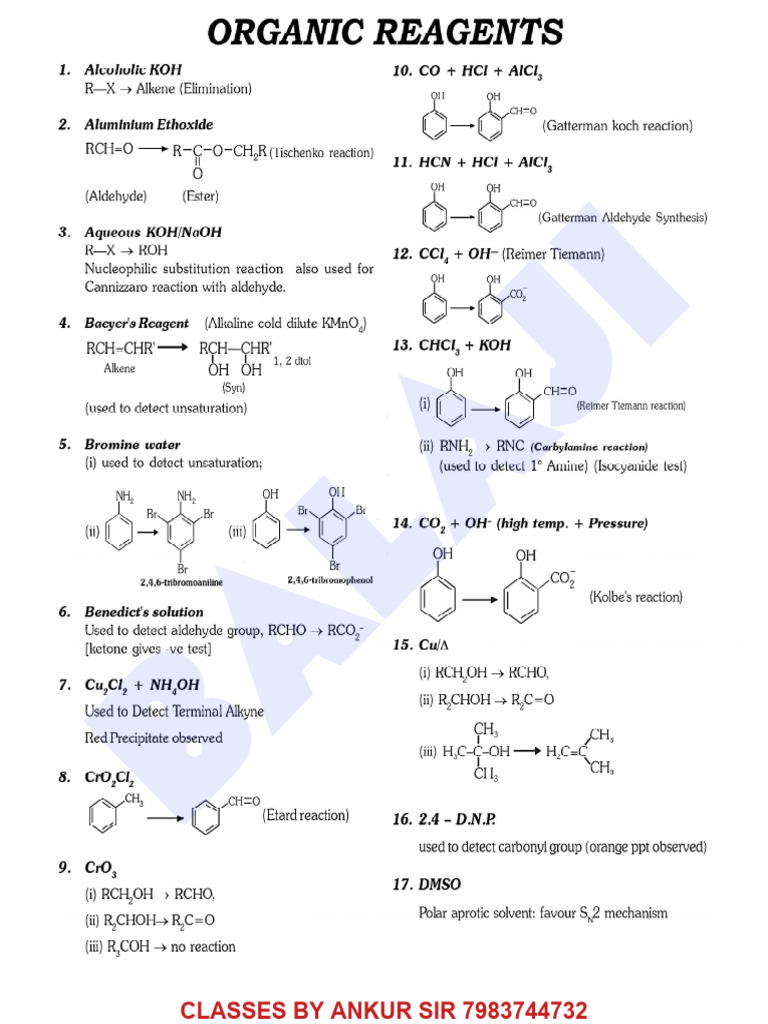 Organic Reagent Summary Class 12 | PDF