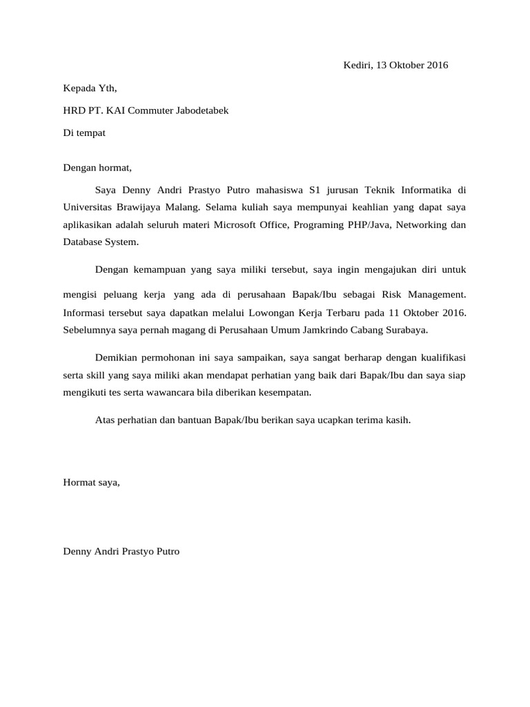 Surat Lamaran Kerja Dan CV KAI | PDF
