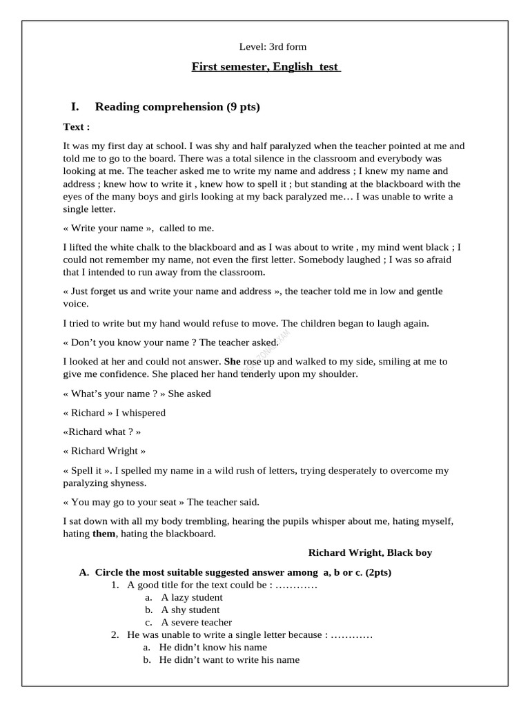 3rd Form First Semester Test-1 | PDF