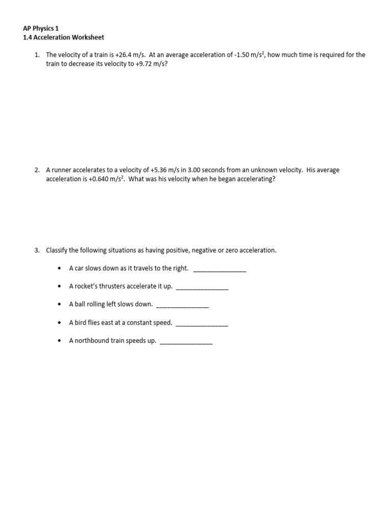 1.4 Acceleration Worksheet | PDF