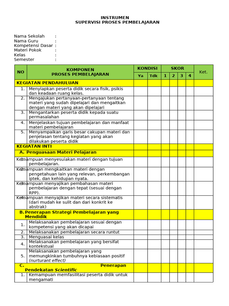 YOG Instrumen Supervisi PBM K13 | PDF